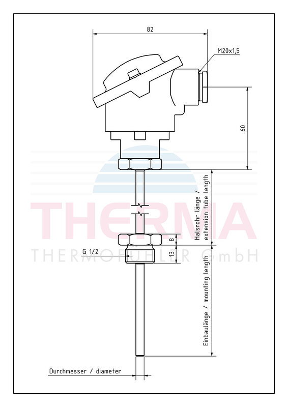 G1/2″ screw-in thermocouple | Extension tube | Terminal head form B ...